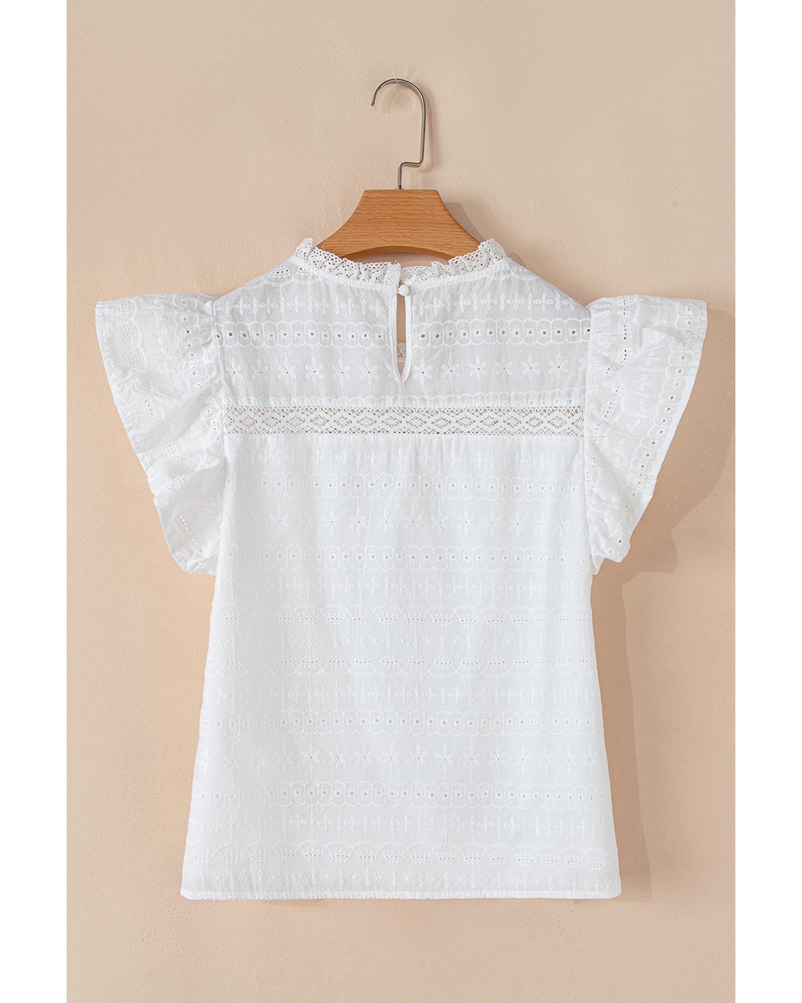 Azura Exchange White Lace Neckline Flutter Sleeve Eyelets Blouse Women ...