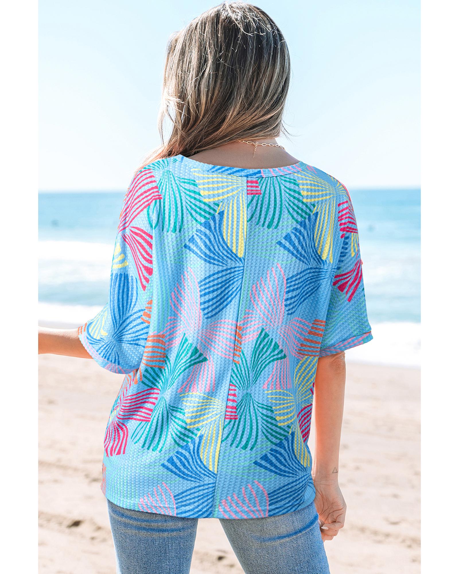 Azura Exchange Sky Blue Bowknot Printed Waffle Crewneck Loose Short ...