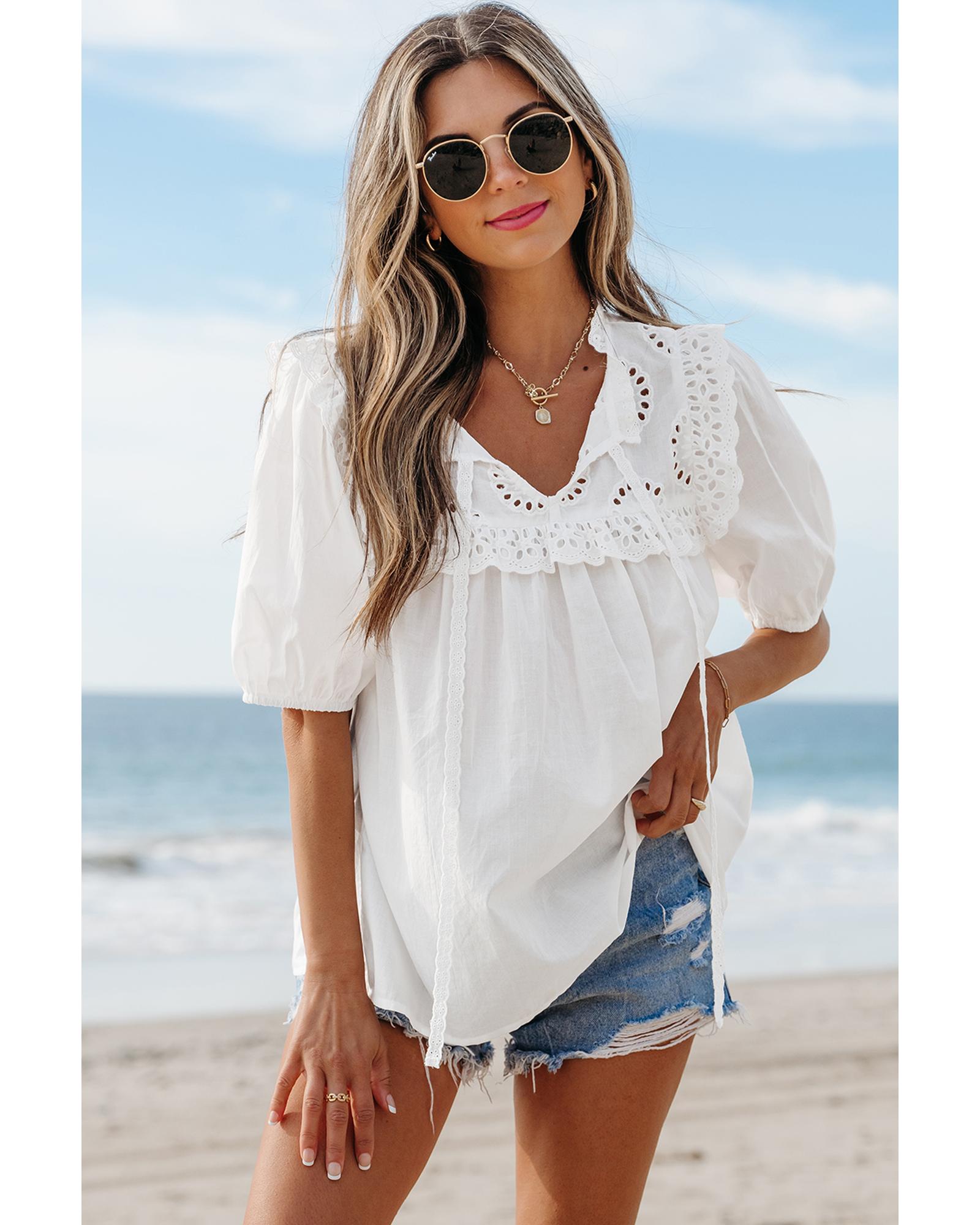 Azura Exchange White Embroidered Lace Patchwork Tie Neck Puff Short ...