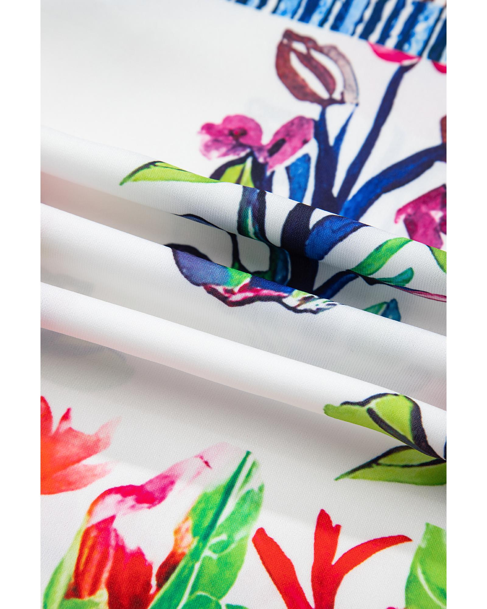 Azura Exchange Pink Floral Striped Patchwork Short Sleeve Split Neck ...