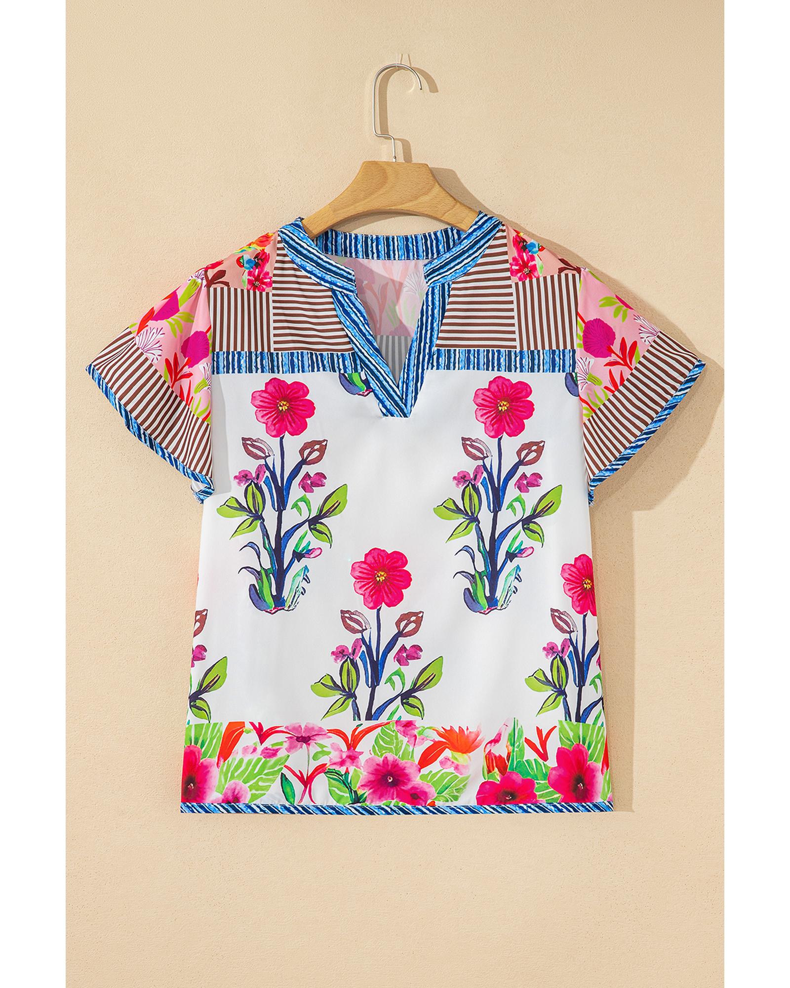 Azura Exchange Pink Floral Striped Patchwork Short Sleeve Split Neck ...