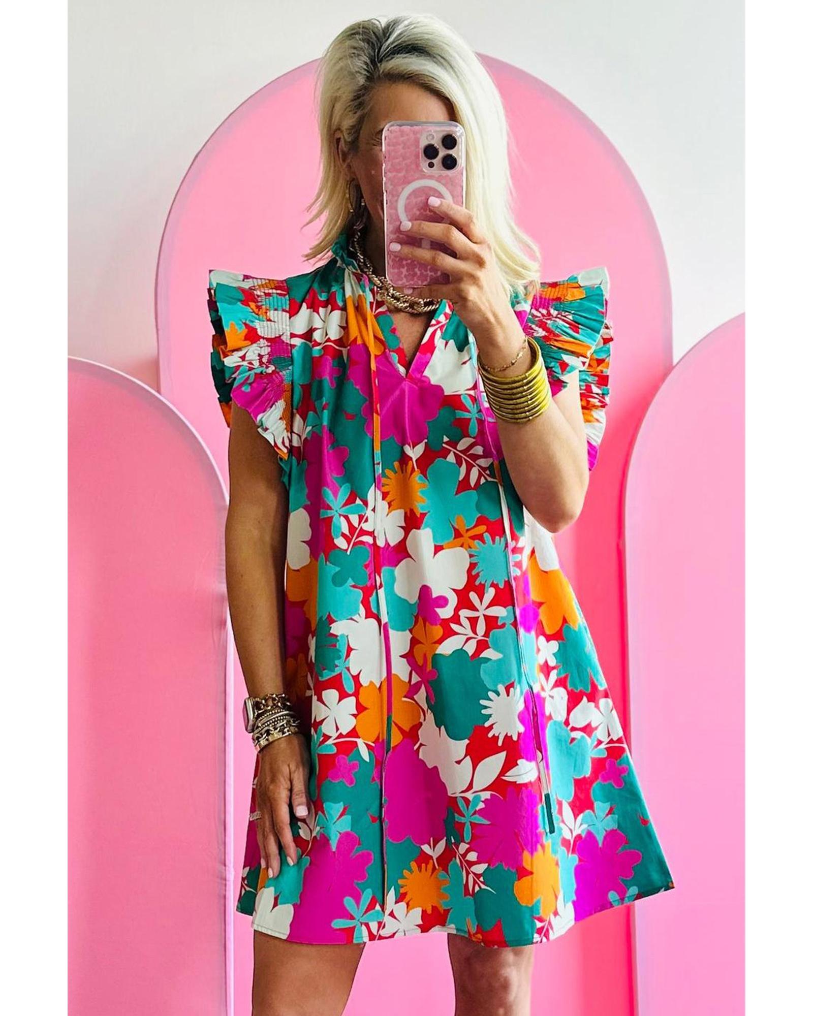 Azura Exchange Multicolour Floral Tie Split Neck Flutter Sleeve Mini ...